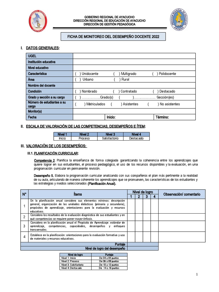 Ficha de Monitoreo Al Desempeño Docente - Agosto 2022 | PDF | Evaluación | Aprendizaje