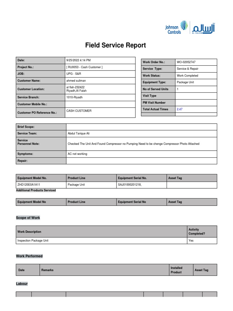Field Service Report for AC Repair | PDF