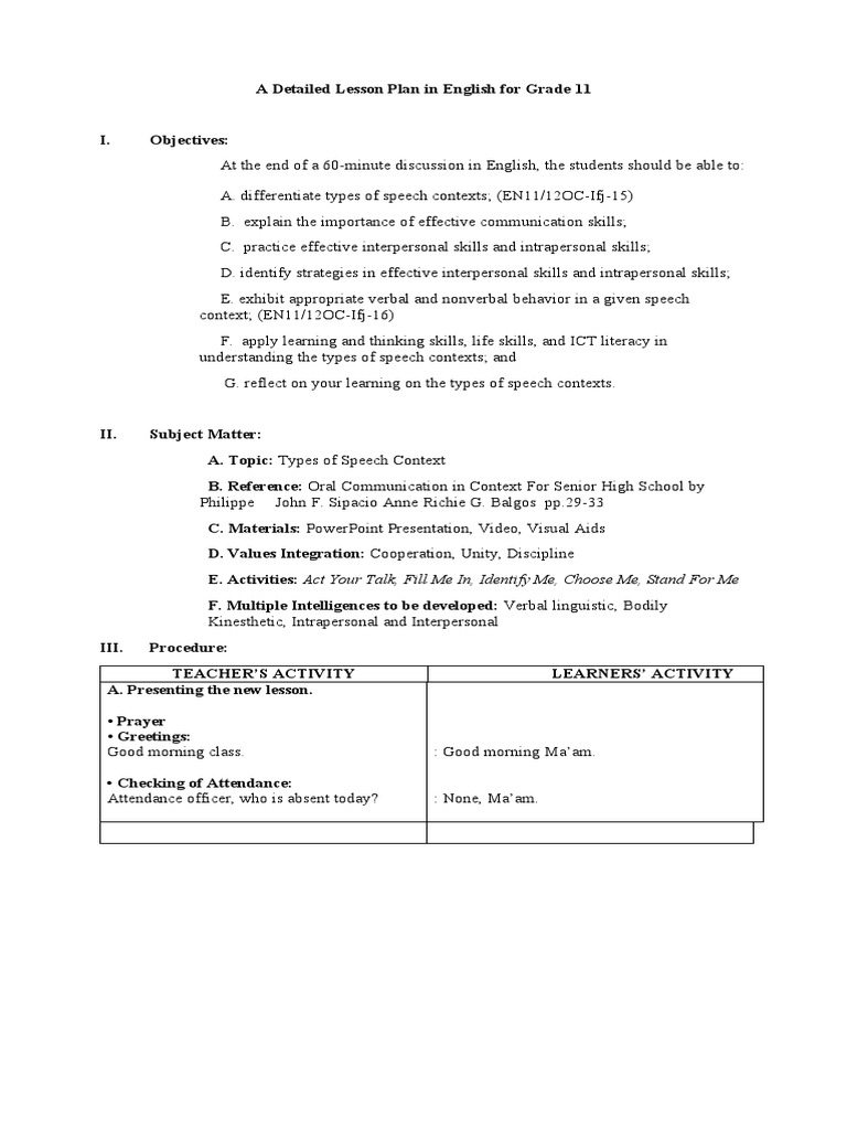 Grade 11 English Lesson Plan: Speech Contexts | PDF | Communication ...