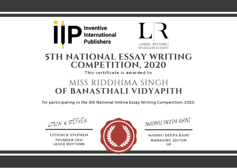 5th National Essay Competition Certificate | PDF | Career & Growth ...