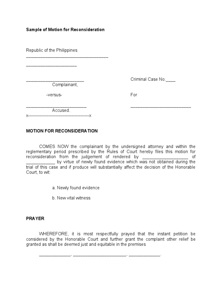 Sample of Motion For Reconsideration | PDF