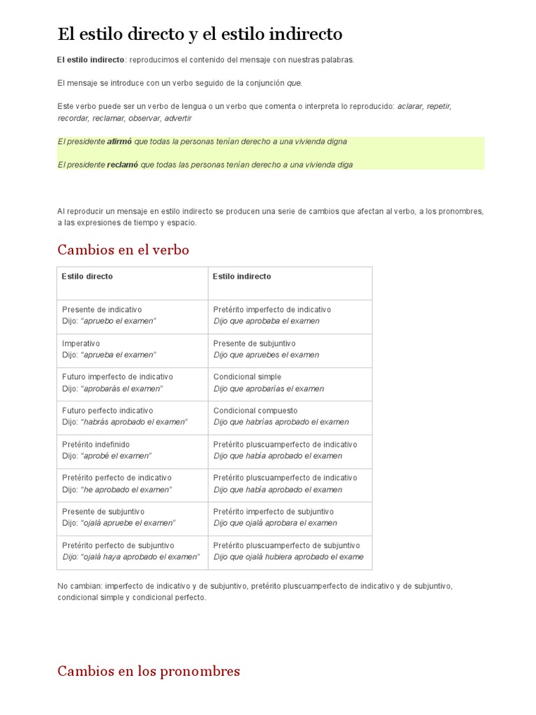 El Estilo Directo y El Estilo Indirecto | PDF | Relaciones sintácticas ...