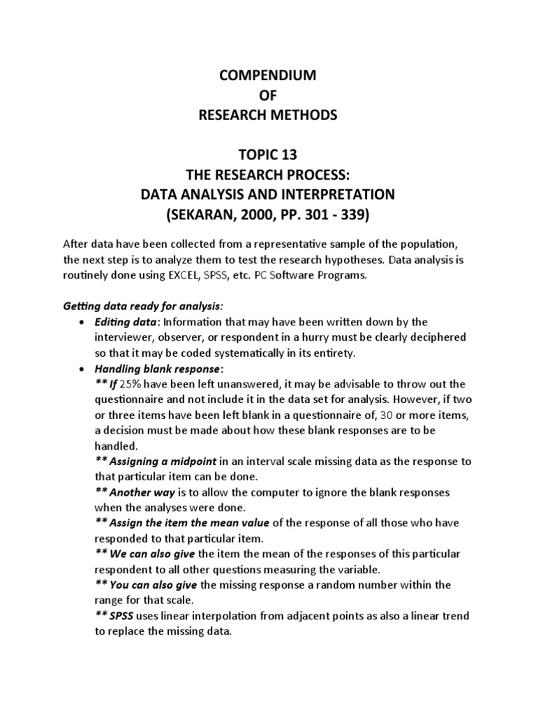 Compendium OF Research Methods Topic 13 The Research Process: Data Analysis and Interpretation ...