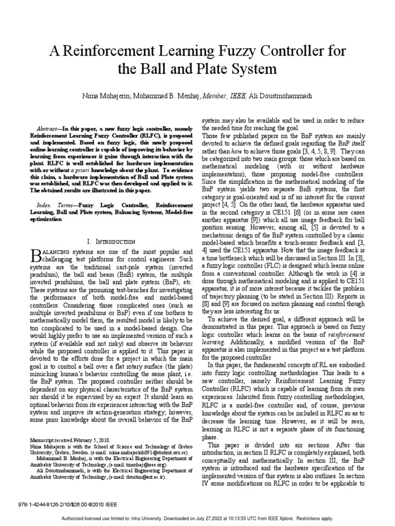 A Reinforcement Learning Fuzzy Controller For The Ball and Plate System | Download Free PDF ...