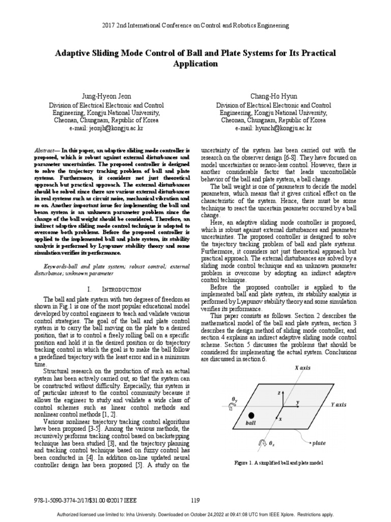 Adaptive Sliding Mode Control of Ball and Plate Systems For Its Practical Application | PDF ...