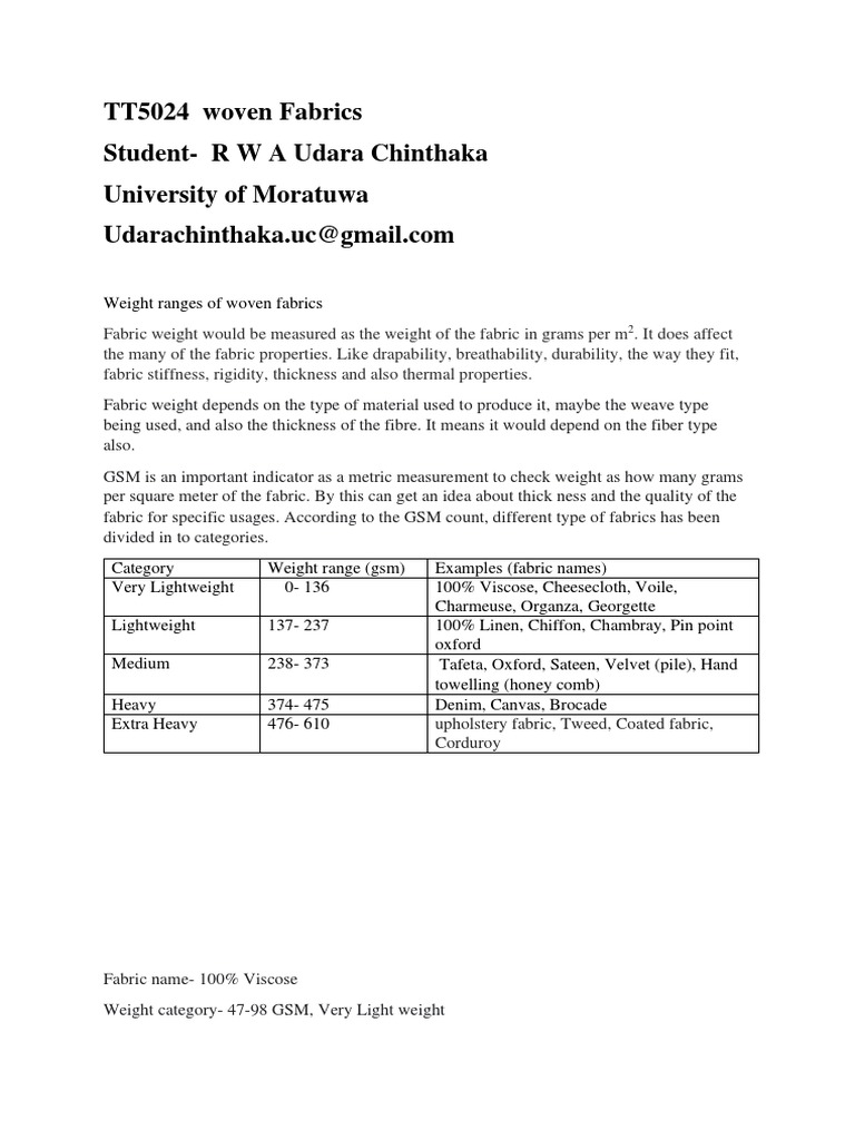 TT5024 Woven Fabric R W A Udara Chinthaka, To Mis Jayasuriya | PDF | Textiles | Weaving