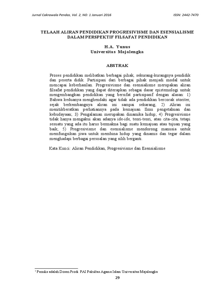 Telaah Aliran Pendidikan Progresivisme Dan Esensialisme Dalam Perspektif Filsafat Pendidikan H.A ...
