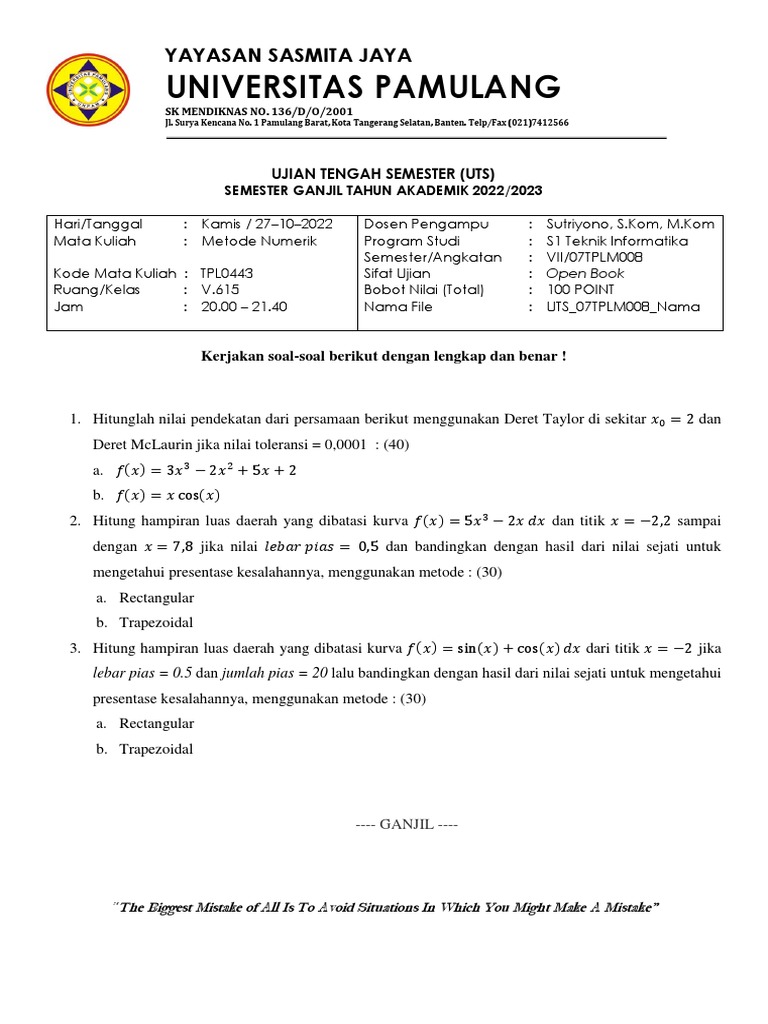 Soal UTS STMIK Unpam - Metode Numerik 3 | PDF | Sains & Matematika | Teknologi & Rekayasa