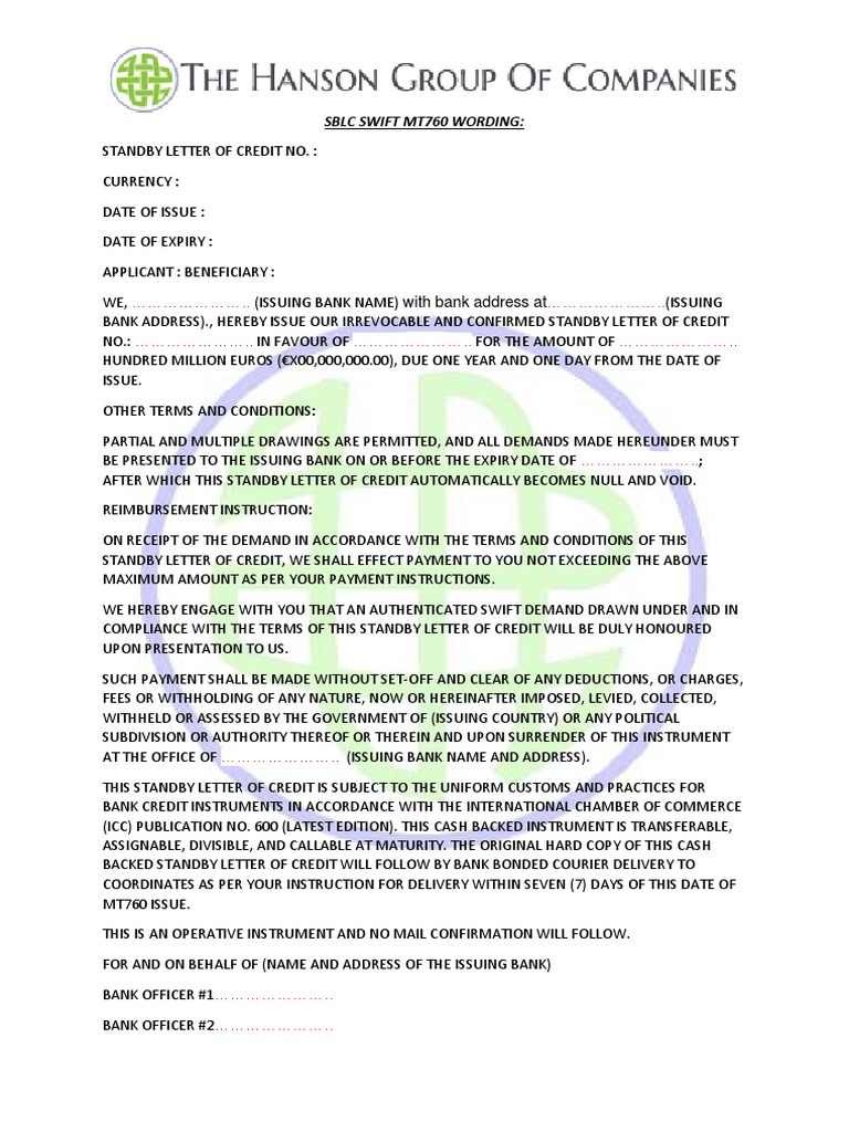 SBLC MT760 Template for Banks | PDF