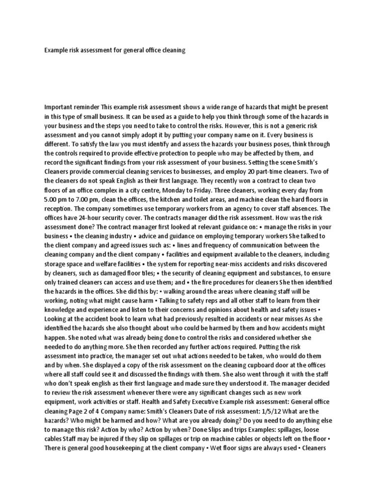 Example Risk Assessment For General Office Cleaning | PDF | Risk ...