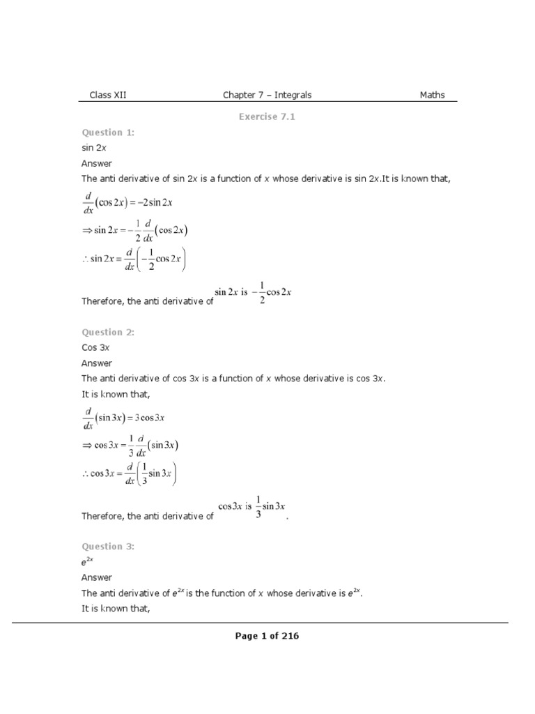 Chapter 7 Integrals | PDF | Integral | Calculus