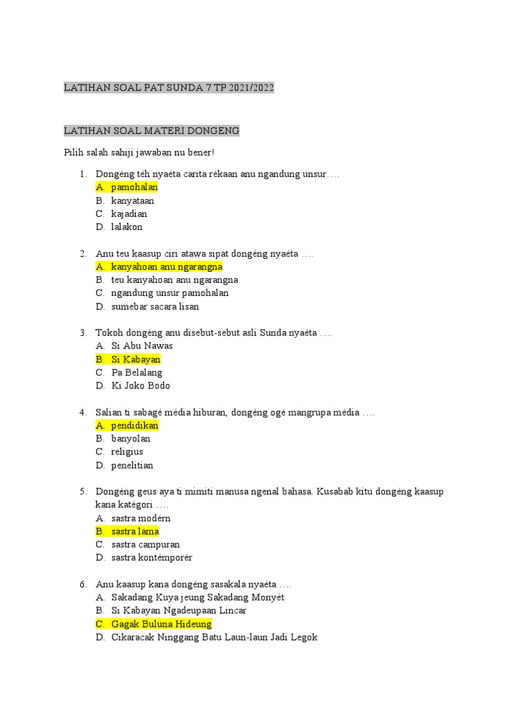 Latihan Soal Pat 7 Bahasa Sunda | PDF