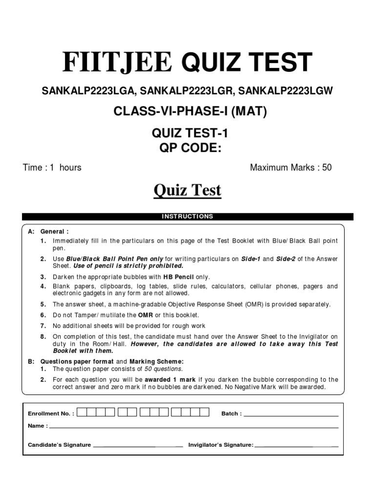 Class VI Phase I Math Quiz Test 1 | PDF