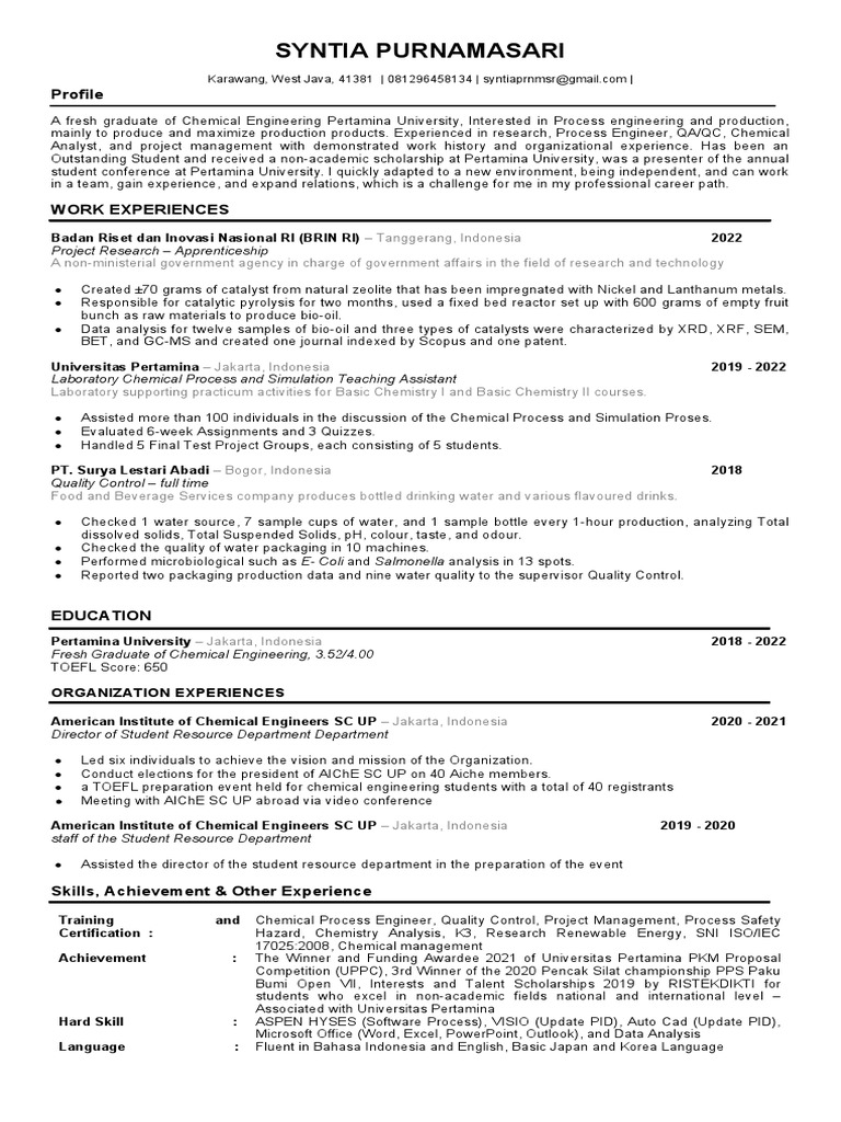 A Well-Rounded Chemical Engineer Seeks New Challenges | PDF | Chemistry