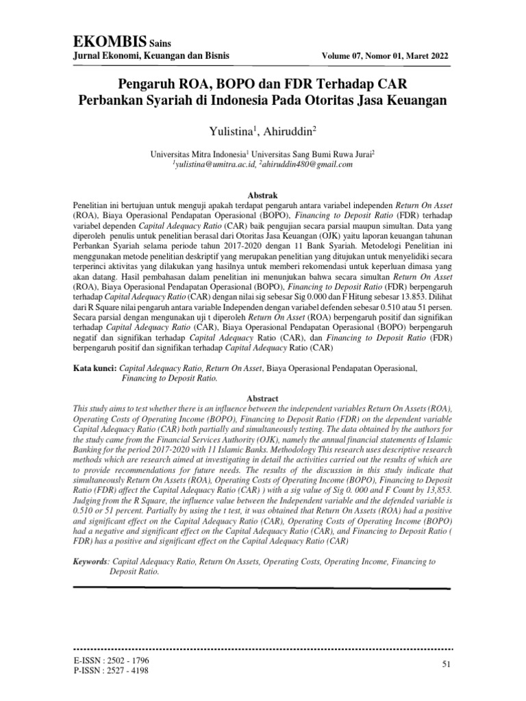 Analisis Pengaruh Roa Bopo Dan FDR Terhadap Car Pe | PDF