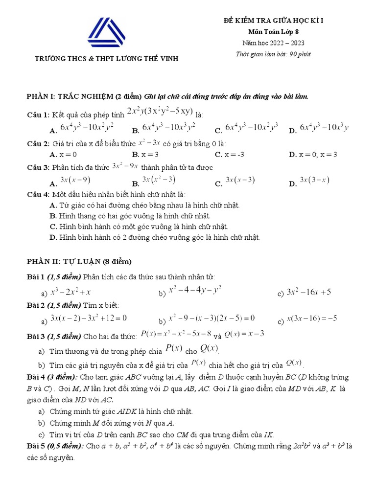 Đề GK1 Toán 8 LTV 2022 | PDF