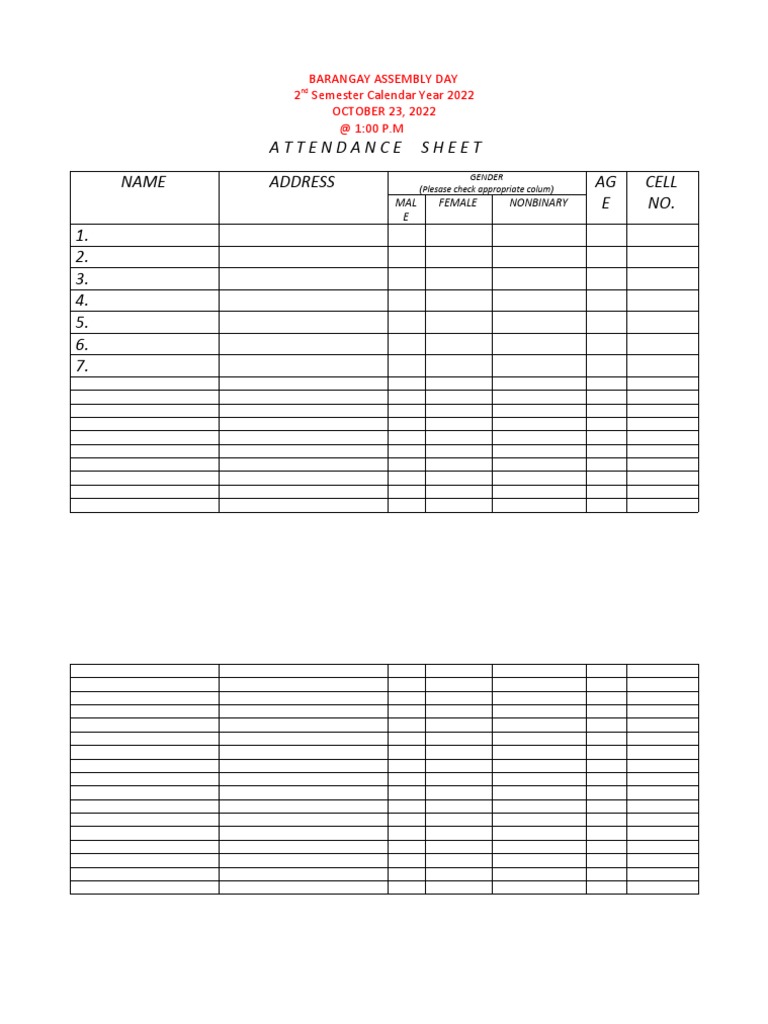 Attendance Sa Barangay Assembly 2nd Semester 2022 | PDF