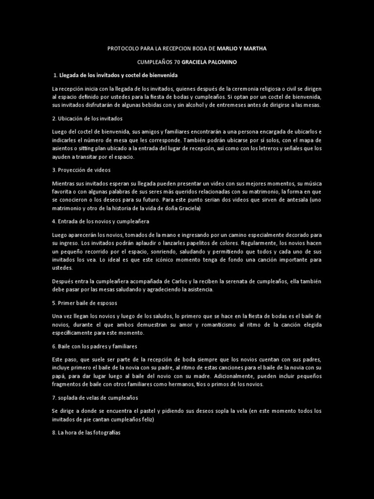 Protocolo Recepción Boda Marlio y Martha | PDF | Boda | Cumpleaños