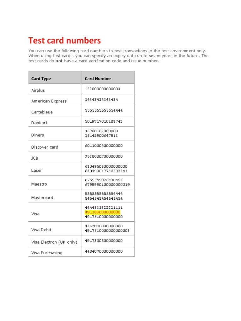 Test Card Numbers | PDF