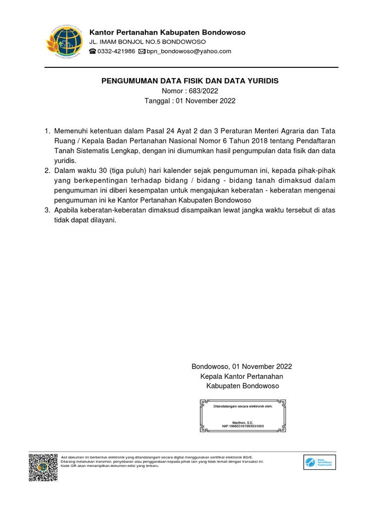 Pengumuman Data Fisik dan Data Yuridis di Kantor Pertanahan Kabupaten ...