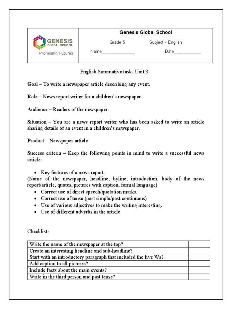 English Summative - Unit 3 | PDF | News | Syntax