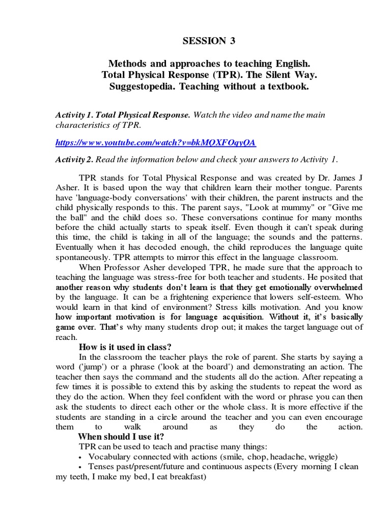 SESSION 3 (TPR. The Silent Way. Suggestopedia. Teaching Without A Coursebook) | Download Free ...