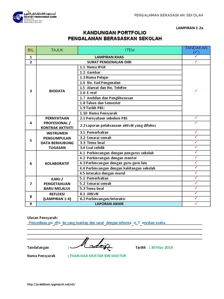 Contoh Lengkap Pengisian Portfolio PBS | PDF