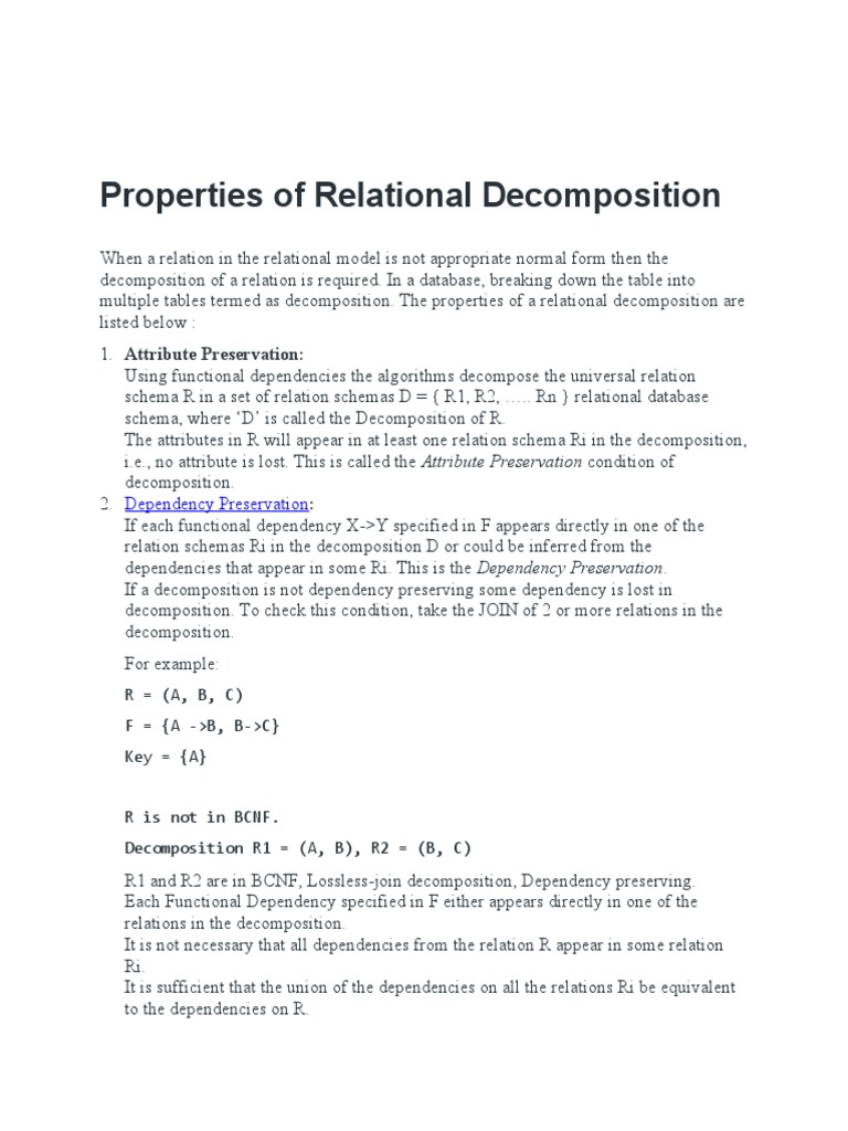 Properties of Relational Decomposition | PDF | Relational Model | Information Science