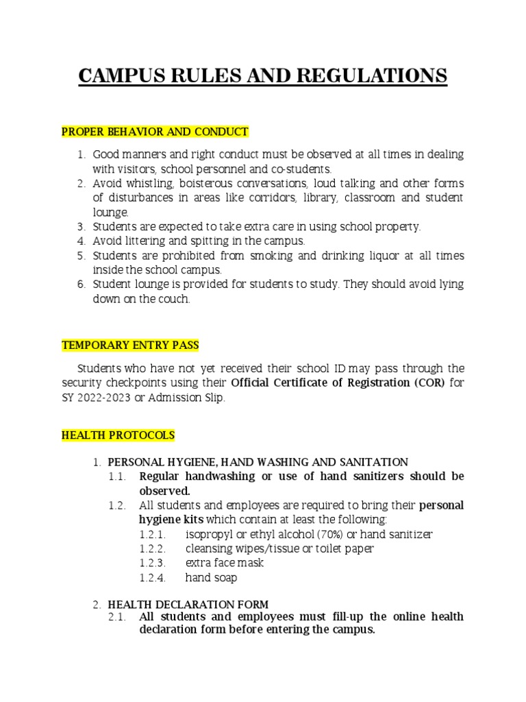 JMC Campus Rules and Regulation | PDF | Clothing | Hand Washing