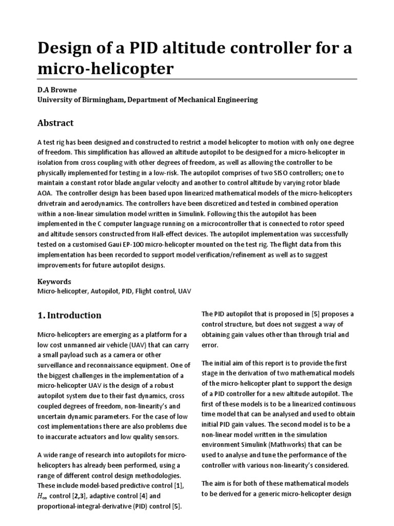 Design of A PID Altitude Controller For A Micro Helicopter | PDF ...