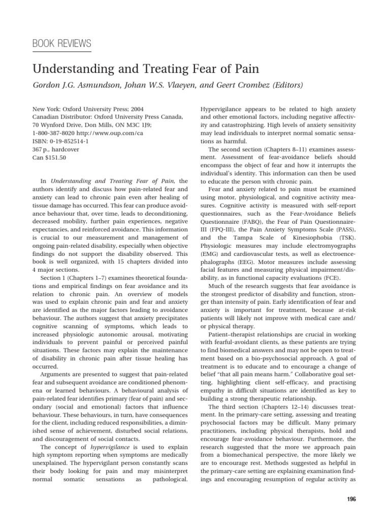 Understanding and Treating Fear of Pain | PDF | Pain | Cognitive ...