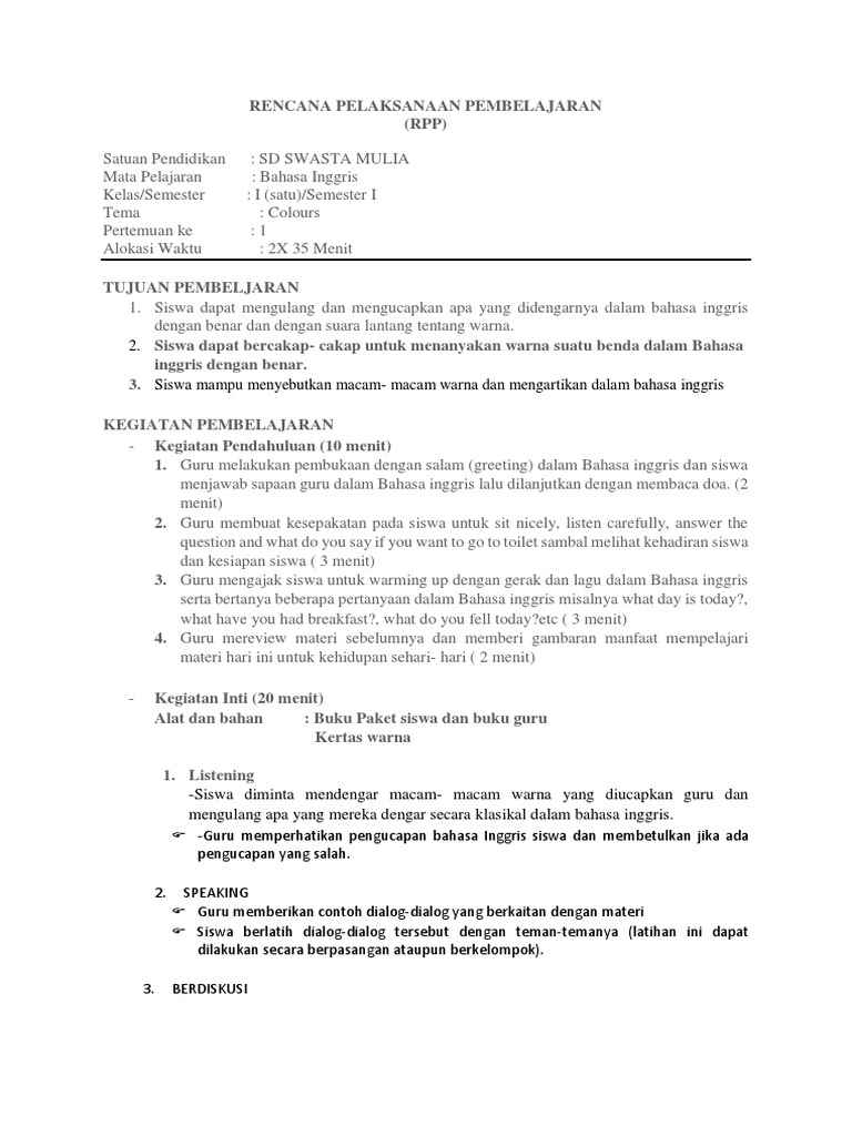 RPP Bahasa Inggris Kelas 1 SD Dengan Tema Colour | PDF