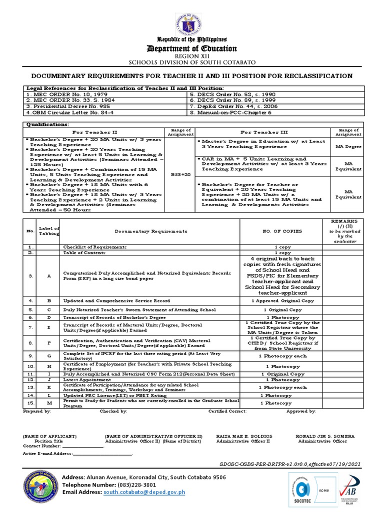 Documentary Requirements For Teacher Ii and Iii Position For ...
