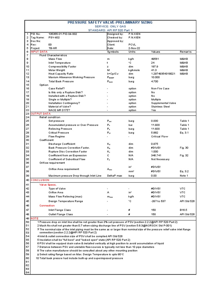 Planilla Calculo PSV | PDF | Valve | Pressure