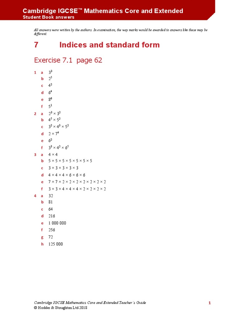 CH-7 Indices and Standard Form Answers | PDF | Career And Technical ...