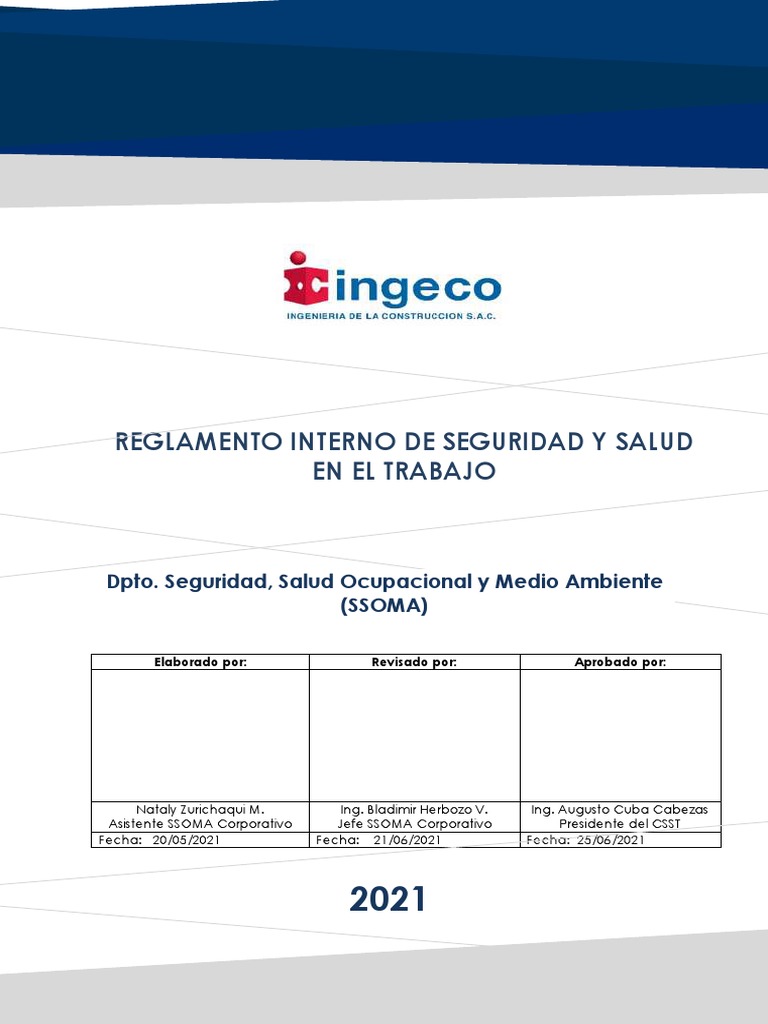 Reglamento Interno de Seguridad y Salud en El Trabajo VF. SSOMA | PDF | Seguridad y salud ...