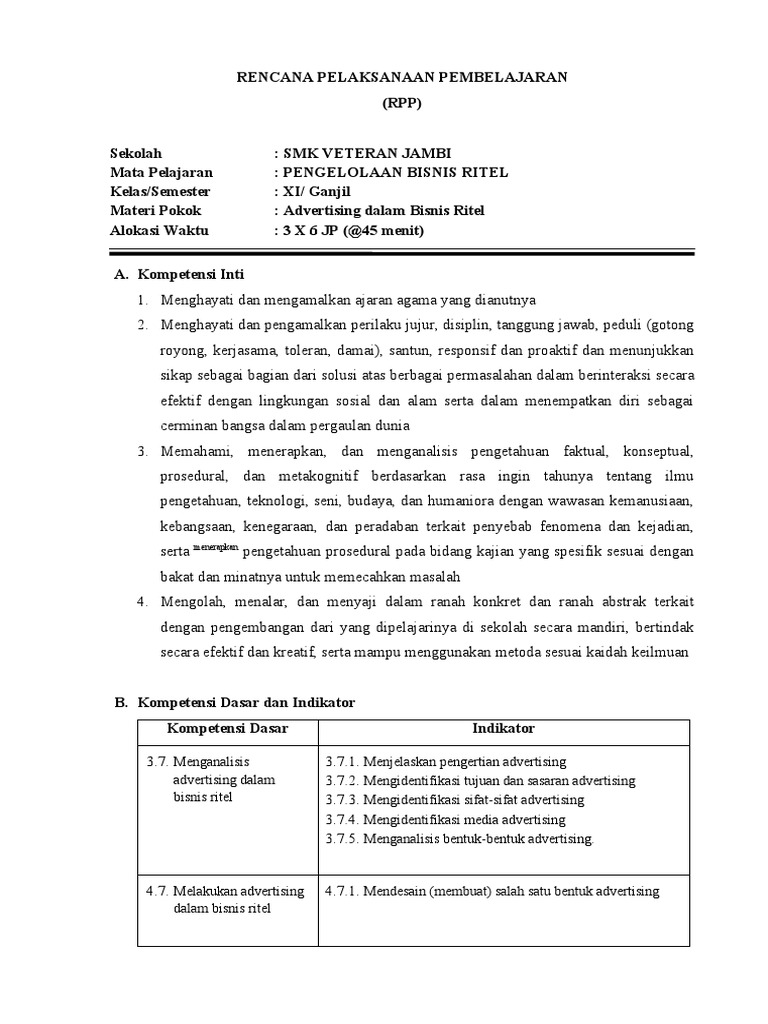 RPP KD 7 - Advertising Dalam Bisnis Ritel | PDF