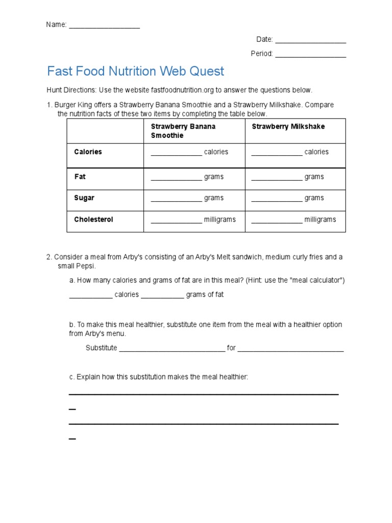 Fast Food Nutrition Web Quest Guide | PDF | Hamburgers | Food Industry