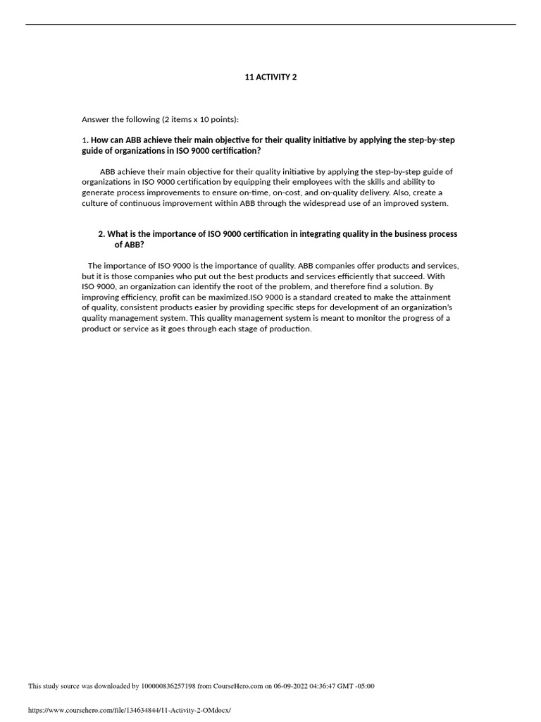 11 Activity 2 OM | PDF | Iso 9000 | Quality Management