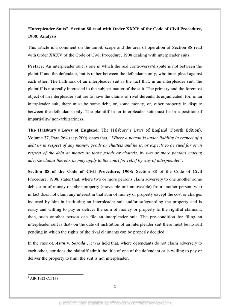 SSRN Interpleader Suit Analysis | PDF | Lawsuit | Civil Law (Common Law)