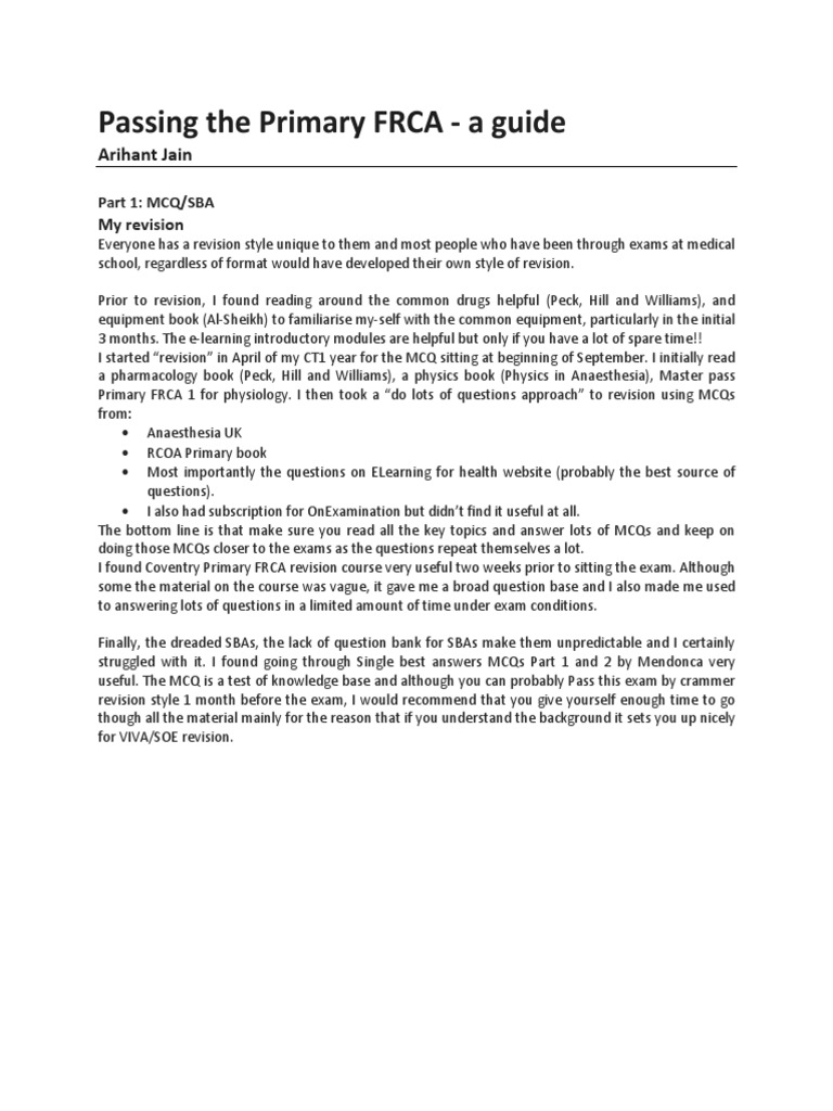 Arihant Jains Primary FRCA Guide Jan 2016 1 | PDF | Multiple Choice ...