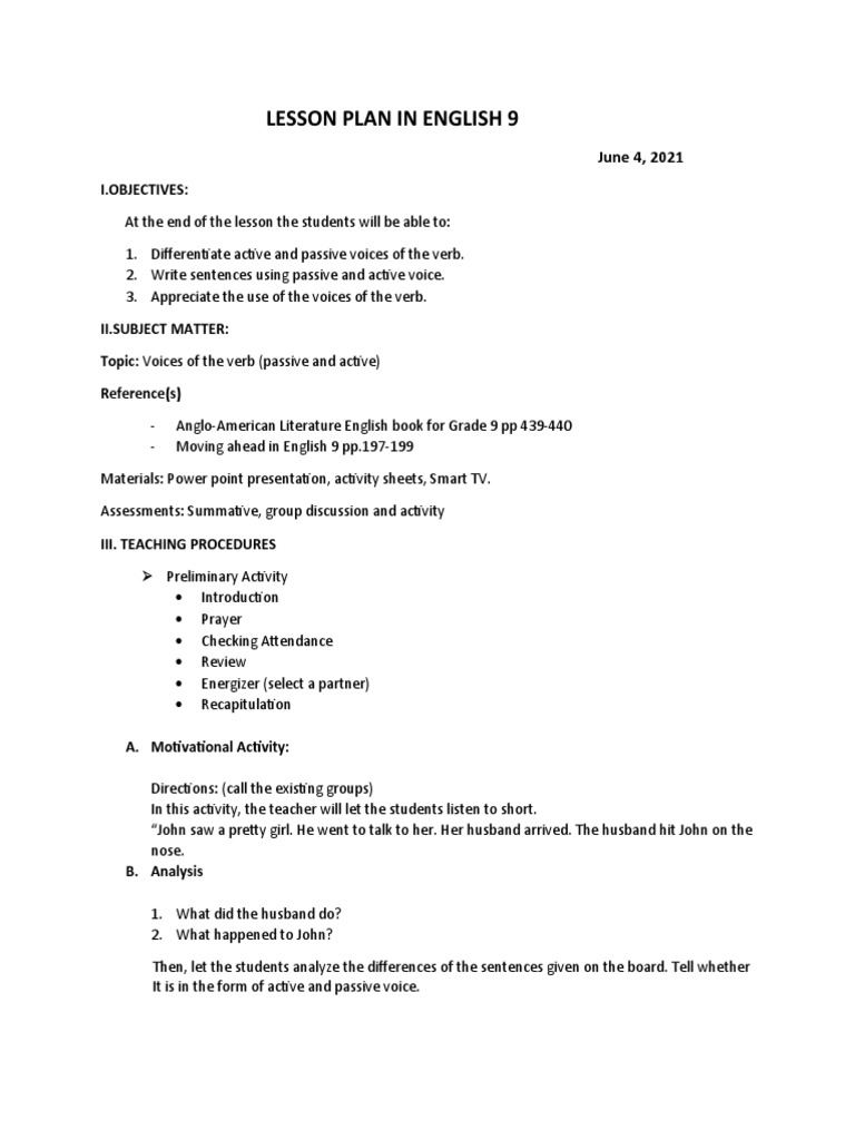 Active and Passive Voice Lesson Plan | PDF | Subject (Grammar) | Verb