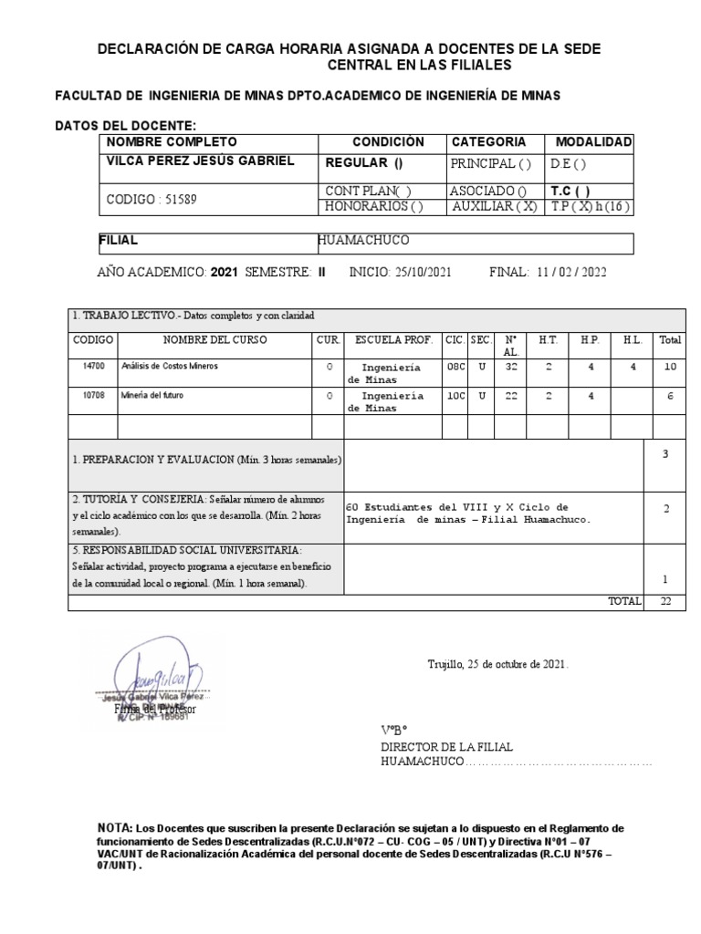 Carga Horaria Docente Huamachuco 2021 Pdf