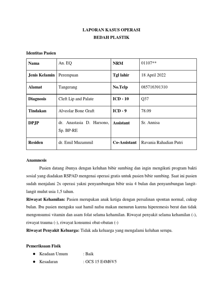 Laporan Pembedahan Bedah Plastik - Alveolar Bone Graft - Ravania Rahadian Putri, S.ked | PDF