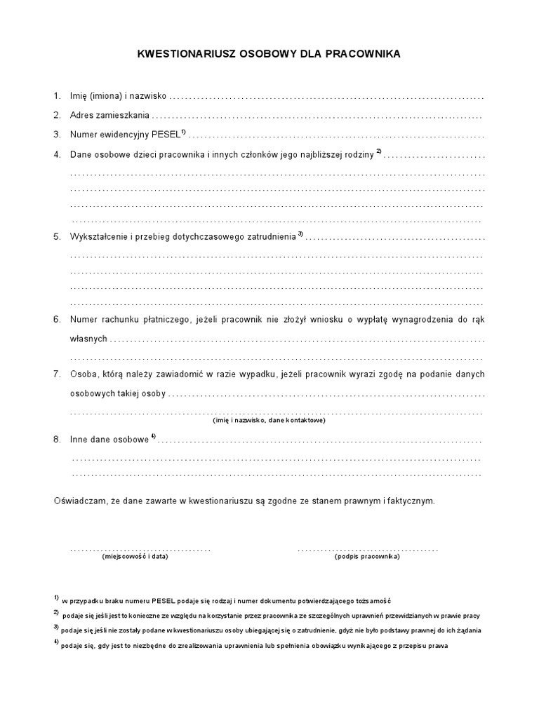 Kwestionariusz Osobowy Dla Pracownika | PDF
