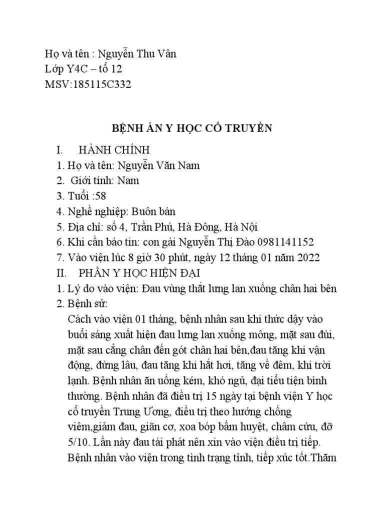 BỆNH ÁN Y HỌC CỔ TRUYỀN | PDF