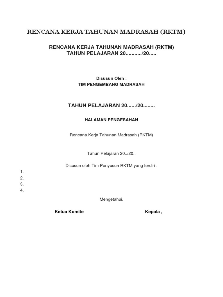 Contoh (RKTM) RENCANA KERJA TAHUNAN MADRASAH Jadi | PDF