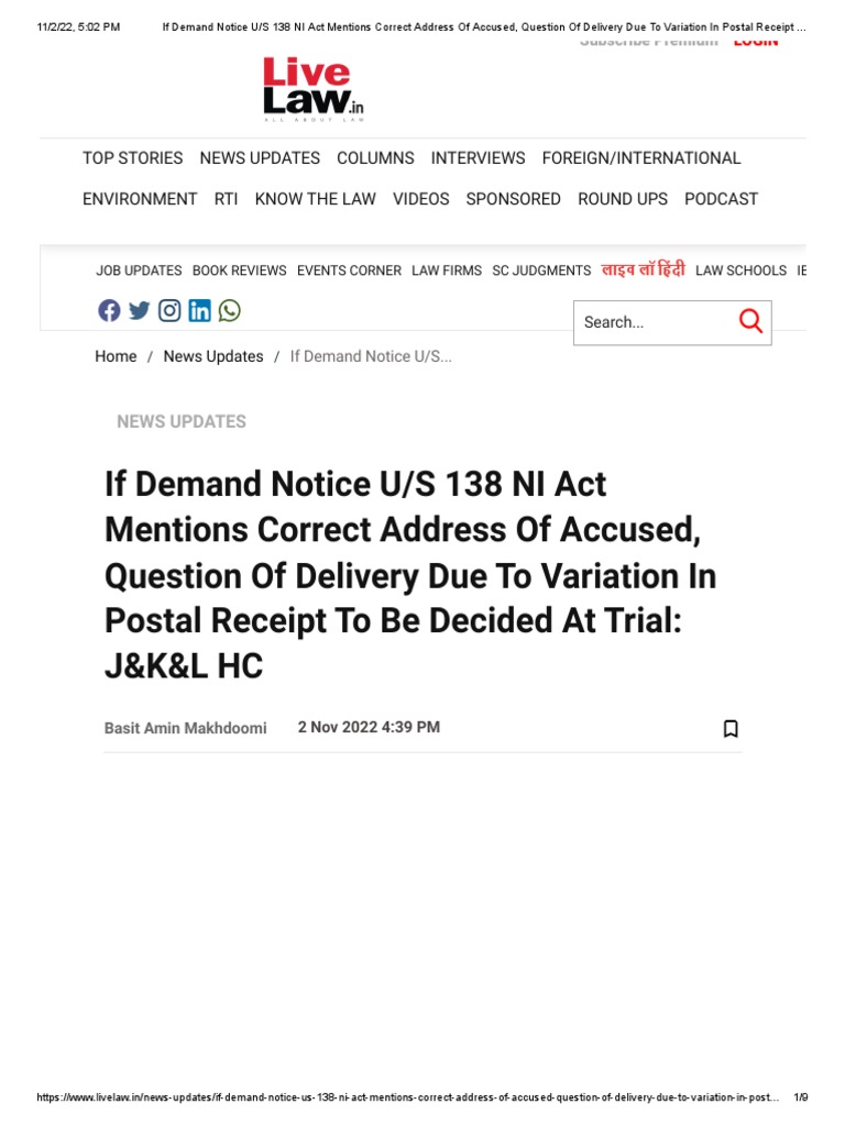 If Demand Notice U - S 138 NI Act Mentions Correct Address of Accused ...