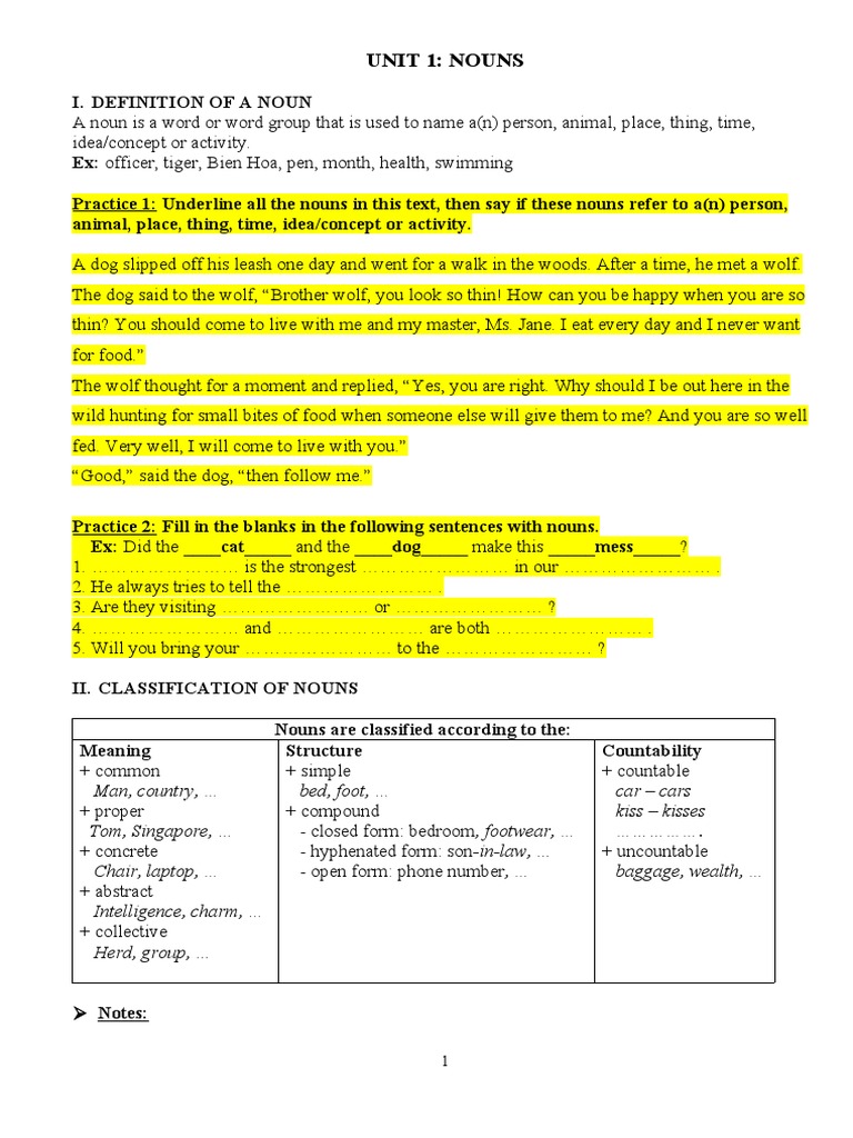 Handout - Unit 1-Nouns - Week 1-3 - 2022 | PDF | Noun | Verb