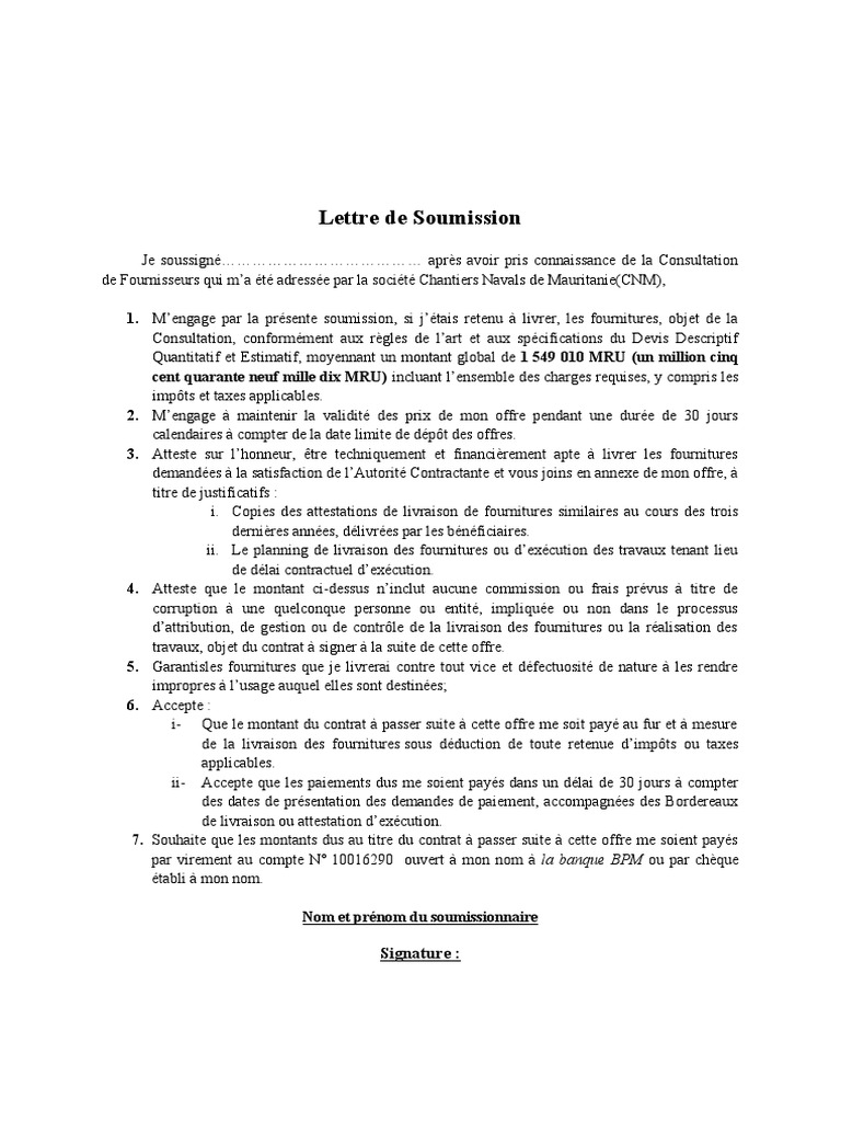 Lettre de Soumission | Download grátis PDF | Économie